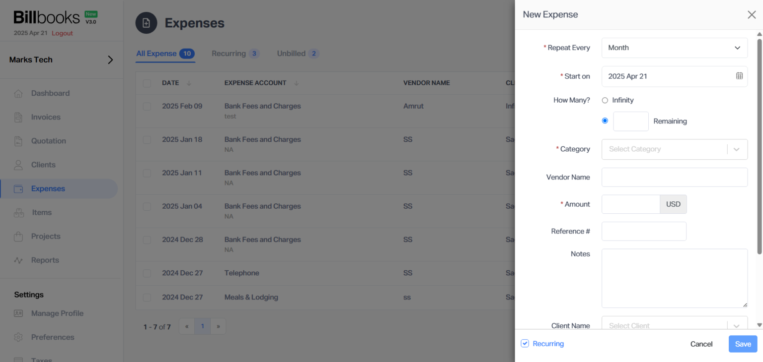 How to Create and Set Recurring Expenses in Billbooks? - billbooks
